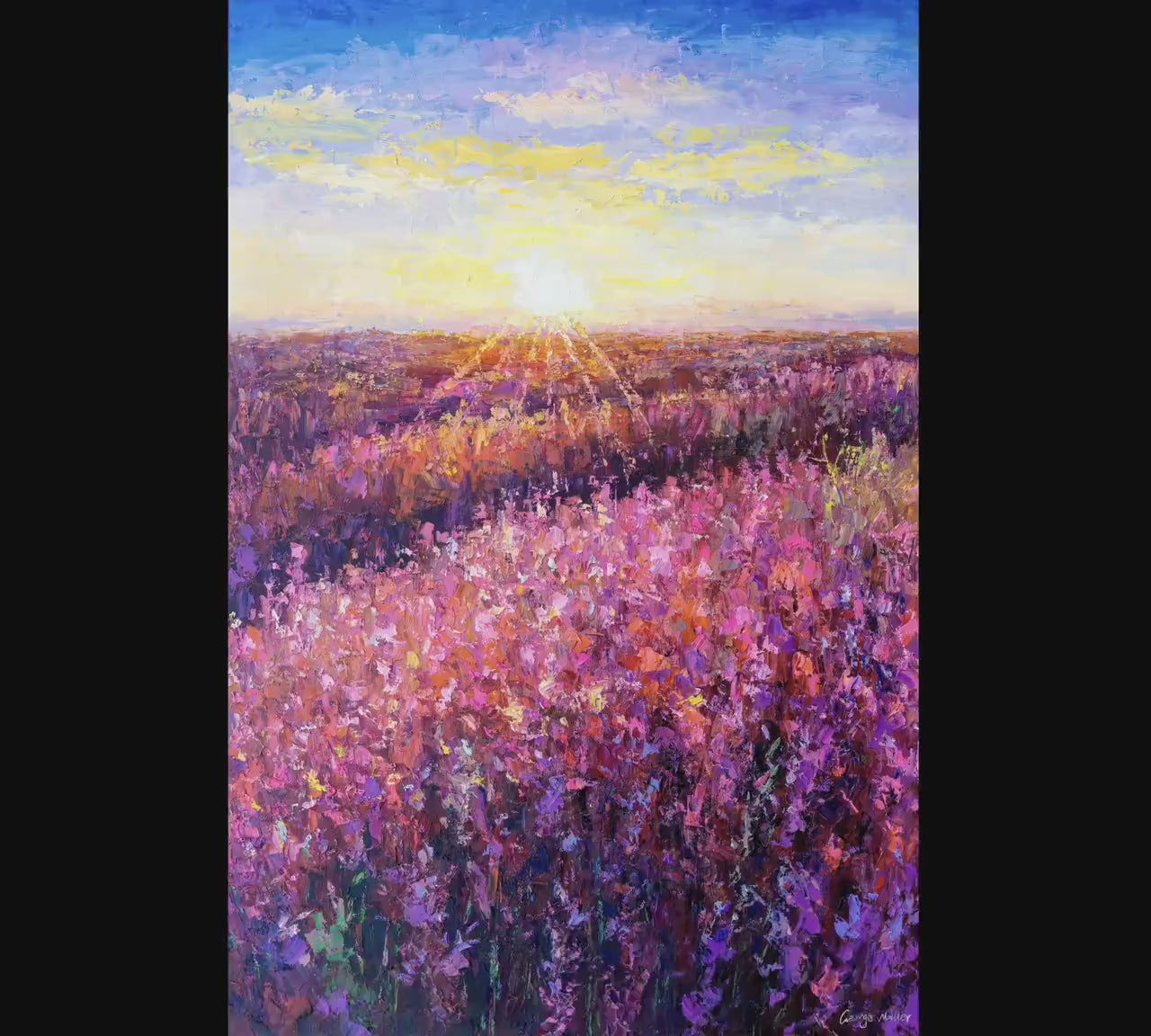 Oil Painting, Spring Filed with Pink Flowers at Dawn, Original Paintin ...