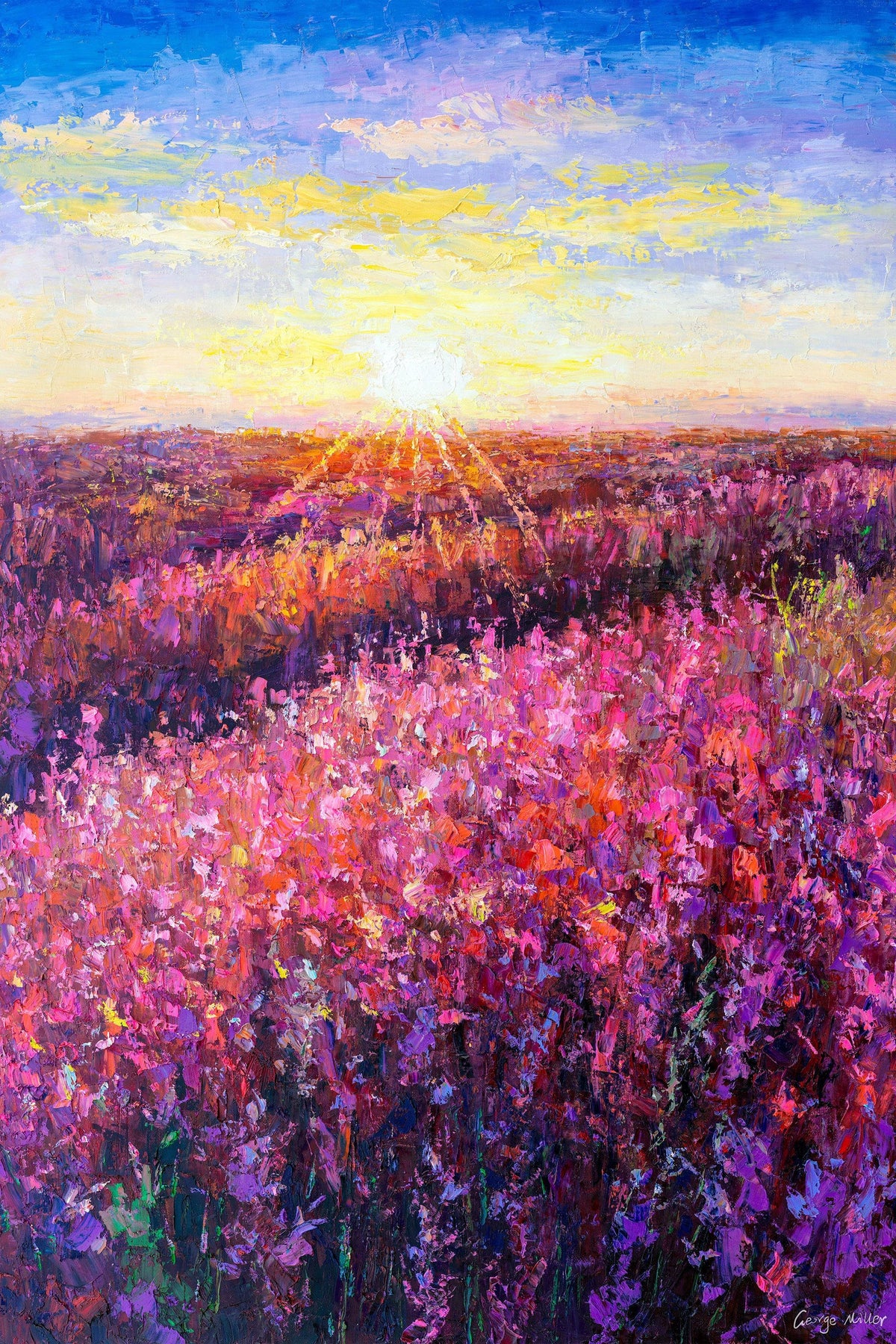 Oil Painting, Spring Filed with Pink Flowers at Dawn, Original Paintin ...